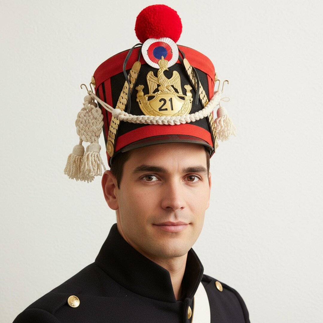 French Napoleonic Leather Shako Helmet: Red Pompom, Brass Plate - LARP ...