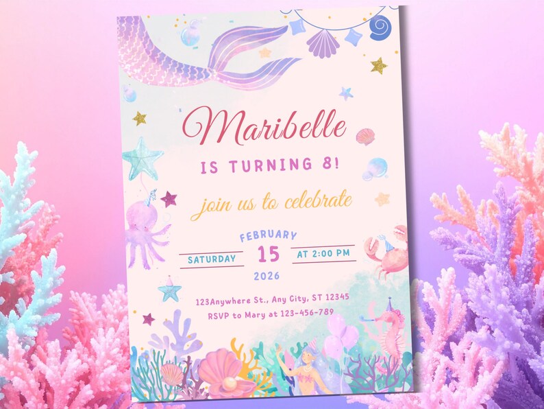 Editable Mermaid Birthday Invitation Template, Under the Sea Party ...