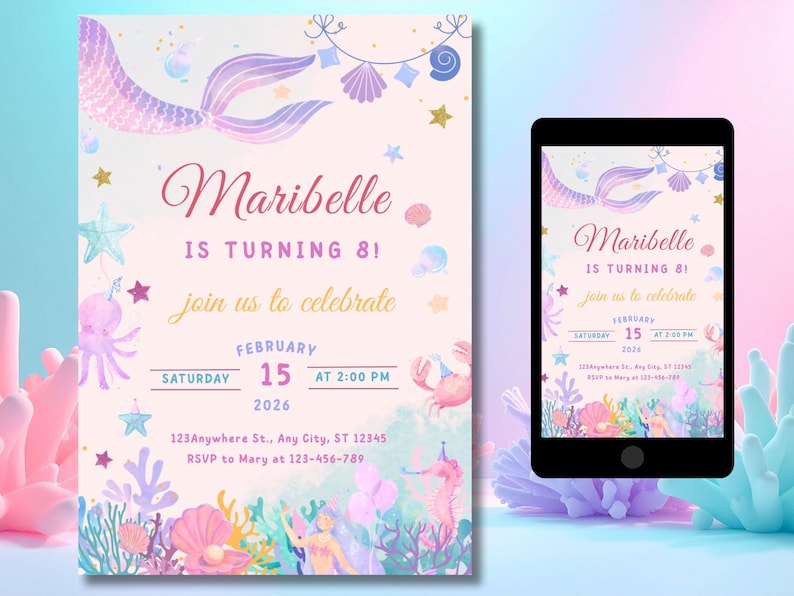 Editable Mermaid Birthday Invitation Template, Under the Sea Party ...