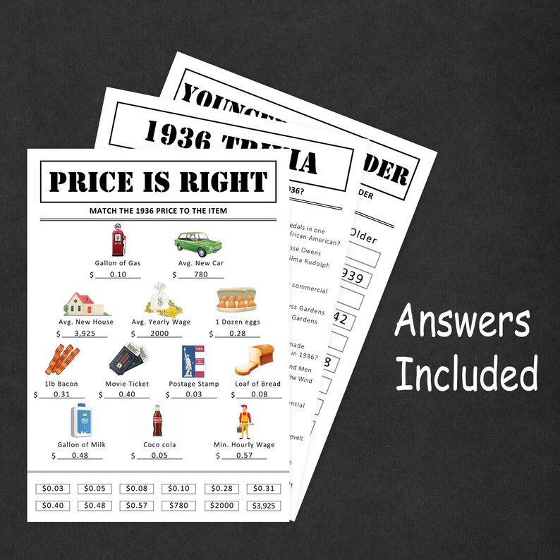 90th Birthday Games Bundle 90th Birthday Party Games 1936 Trivia Born ...