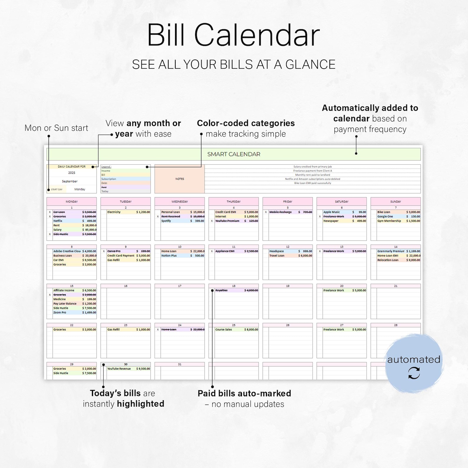 Smart Bill Tracker Spreadsheet Bill Calendar Template Monthly Bill ...