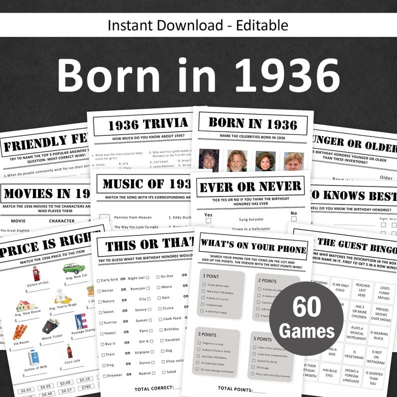 90th Birthday Games Bundle 90th Birthday Party Games 1936 Trivia Born ...