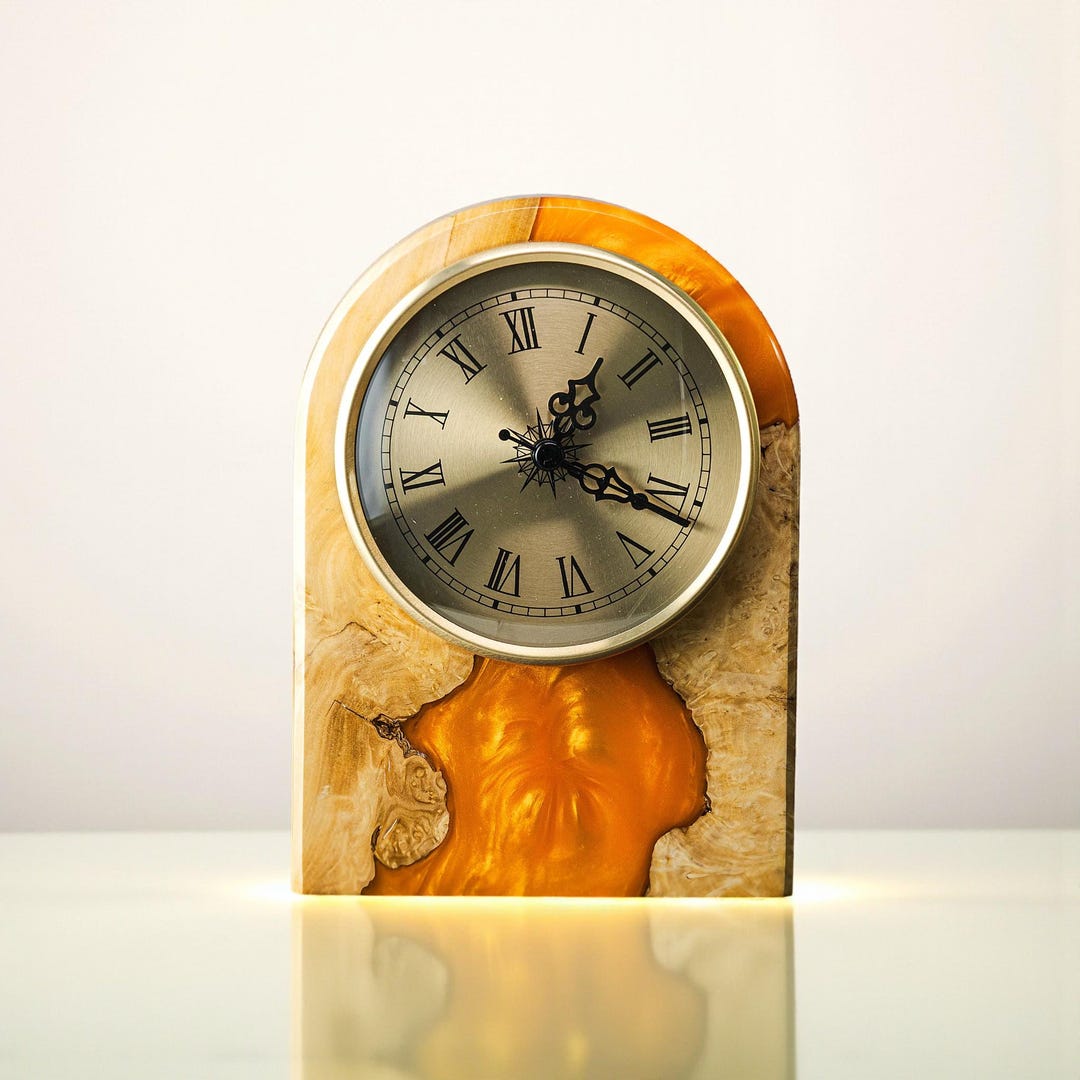 Wooden and Epoxy Resin Orange Desk Clock, Artisan Desk Clock Wood and ...