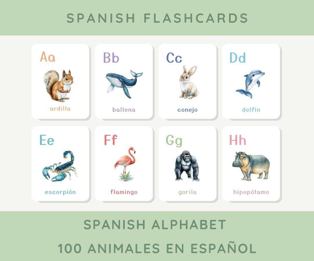 Spanish Animal Alphabet Flashcards for Kids: Montessori Learning Cards ...