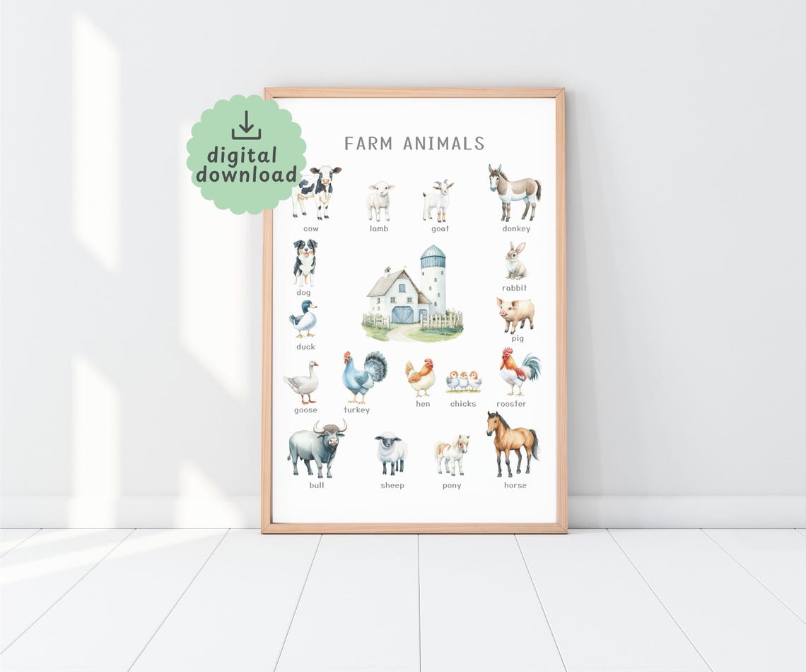 Farm Animals Poster, Educational Poster for Kids, Montessori Poster ...