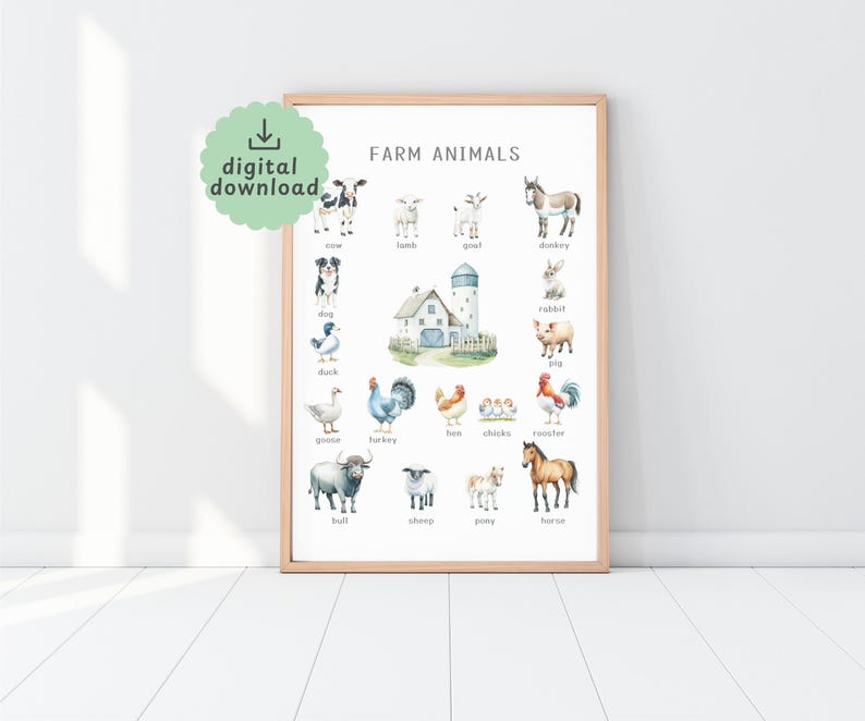 Farm Animals Poster, Educational Poster for Kids, Montessori Poster ...