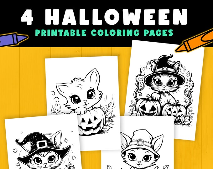 4 Happy Halloween Kittens Coloring Book Page Images for Kids, Students ...