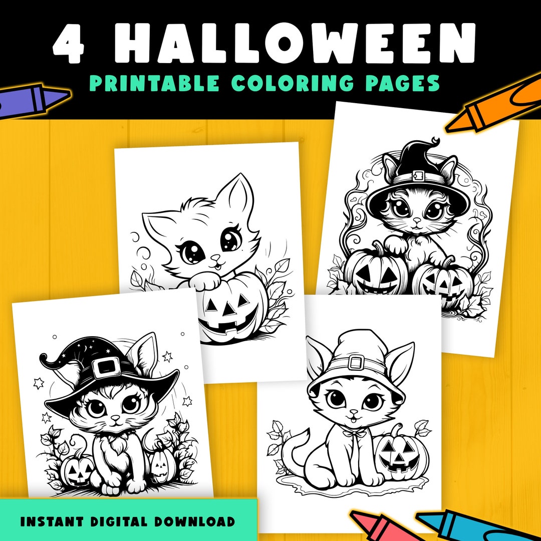 4 Halloween Cat Coloring Pages for Kids, Printable File, Digital Files ...
