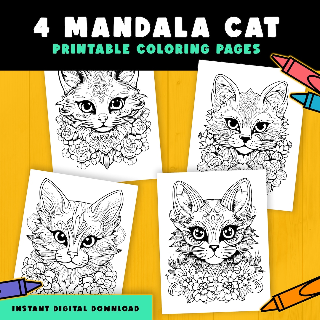 4 Mandala Cat Coloring Pages for Kids and Adults, Printable File ...