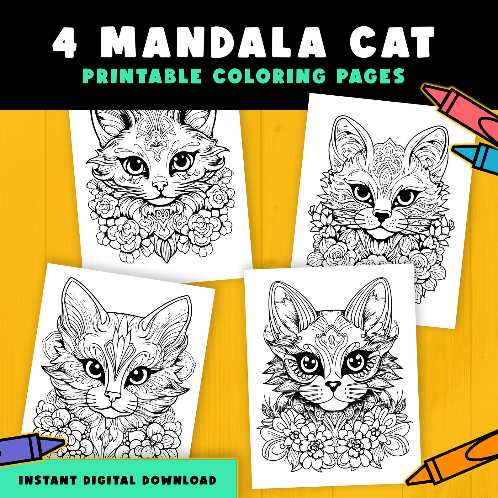 4 Mandala Cat Coloring Pages for Kids and Adults, Printable File ...