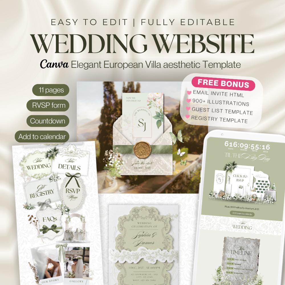 Villa Vows Wedding Website Template, Sage Green White Canva Editable ...