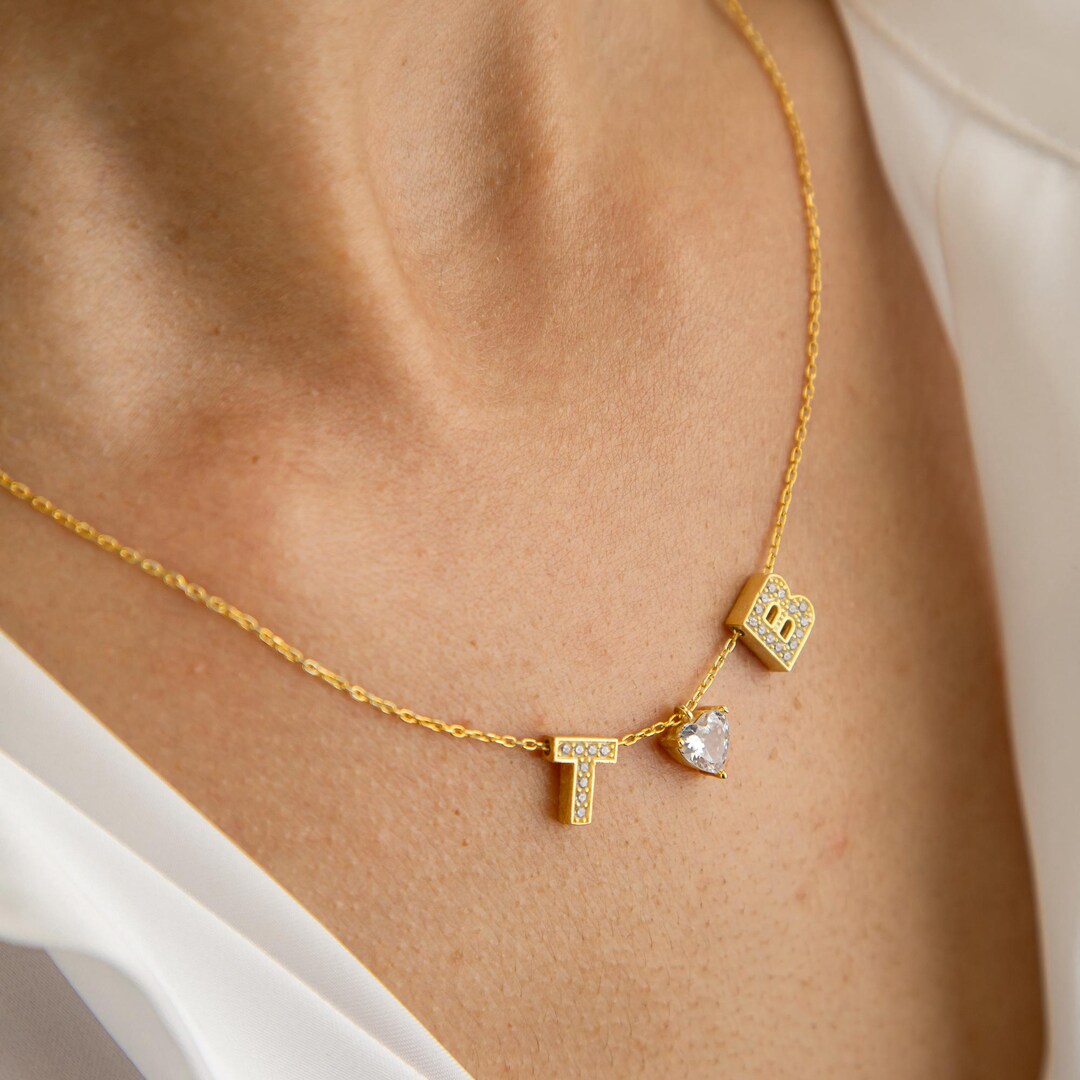 Silver Custom Double Initials With A Heart Necklace, Gold Couple Gift ...