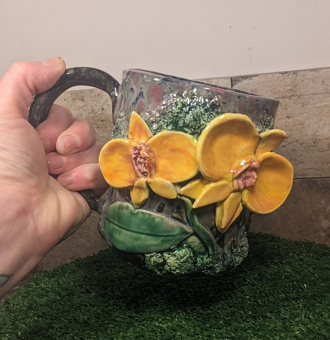 Orchid Theme Hand Built Pottery Mug Orange and Yellow Orchid Blooms 12oz - Etsy