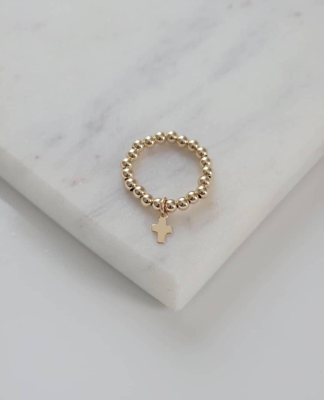 14k Gold Filled Beaded Cross Charm Ring | Gold Filled Beaded Ring ...