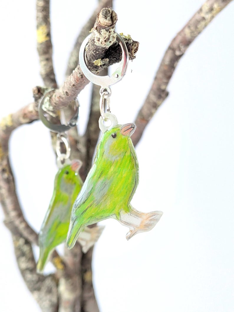 Greenfinch Dangly Earrings. Hand Drawn and One of a Kind - Etsy UK