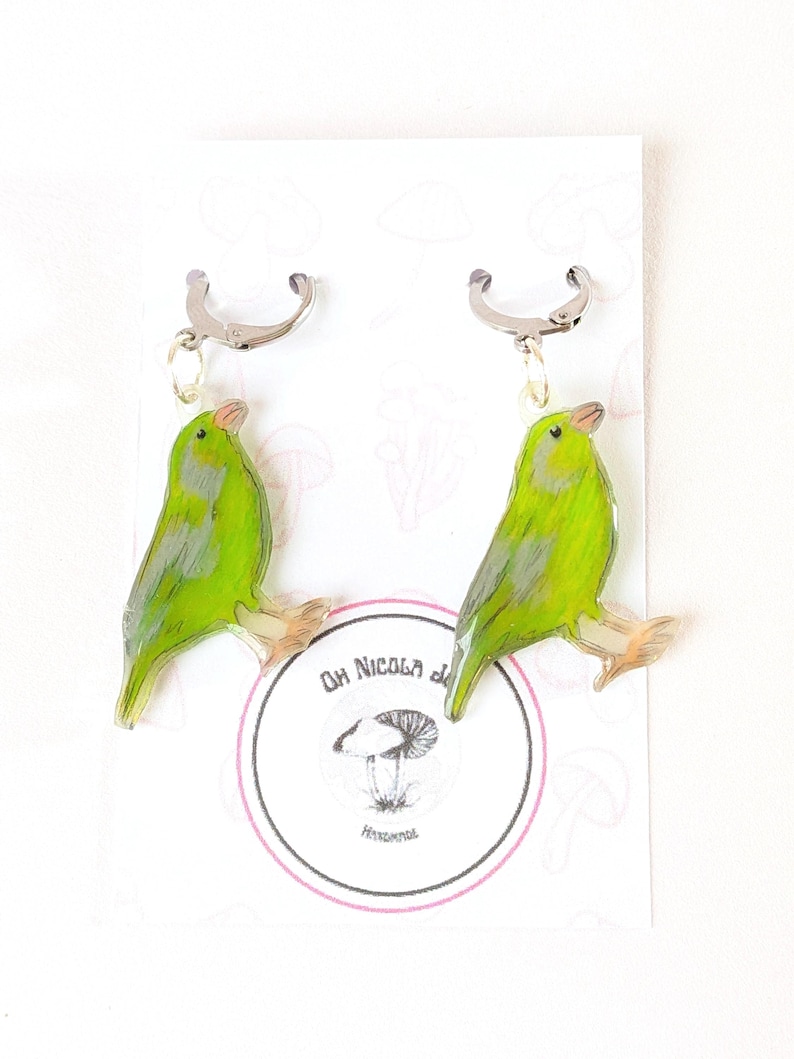 Greenfinch Dangly Earrings. Hand Drawn and One of a Kind - Etsy UK