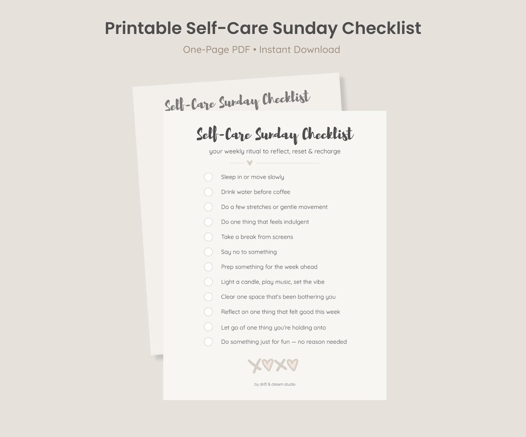 Self-care Sunday Checklist, Weekly Reset Routine Planner (PDF Download ...