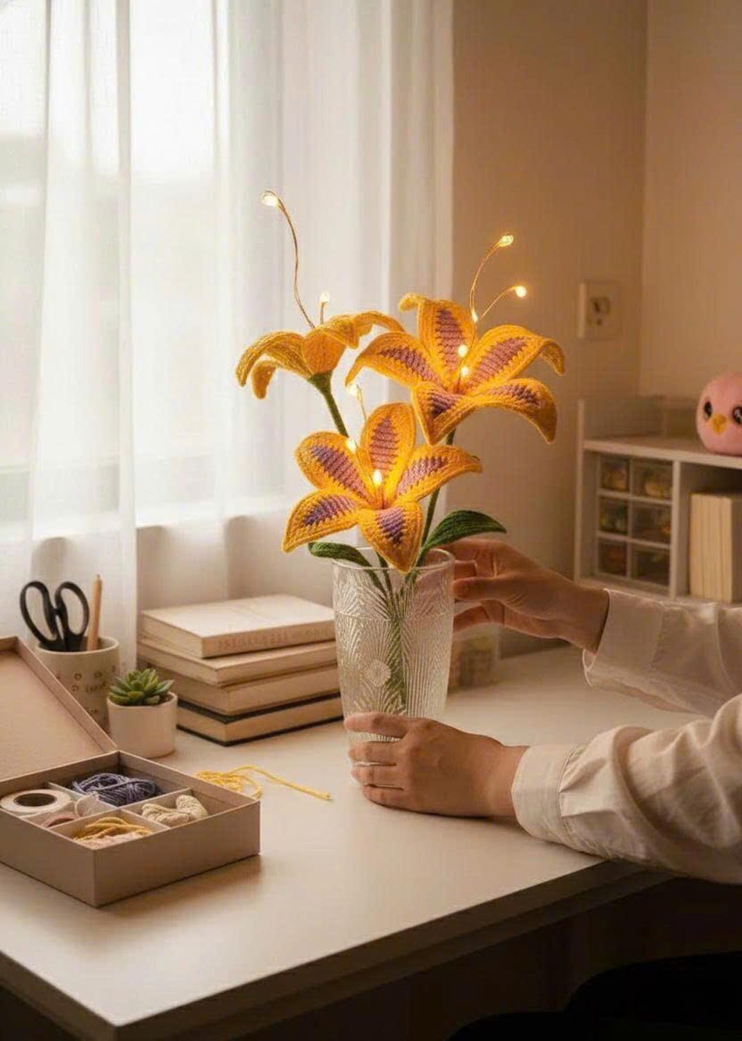 Crochet Sundrop Flower Lamp, Handmade Cotton LED Bloom Bouquet, Cozy ...