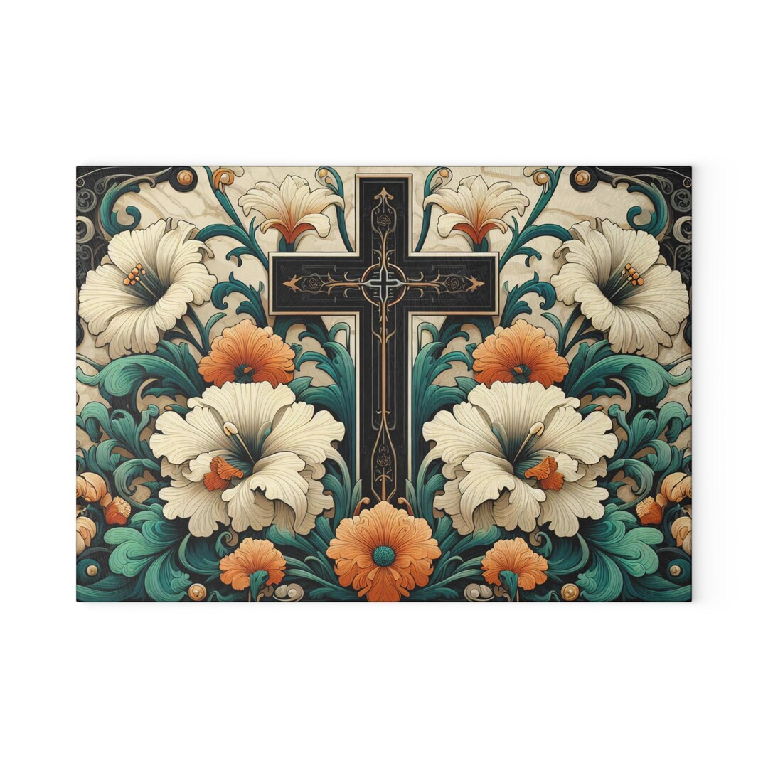 Floral Cross Artwork Glass Cutting Board | Religious Kitchen Decor - Etsy