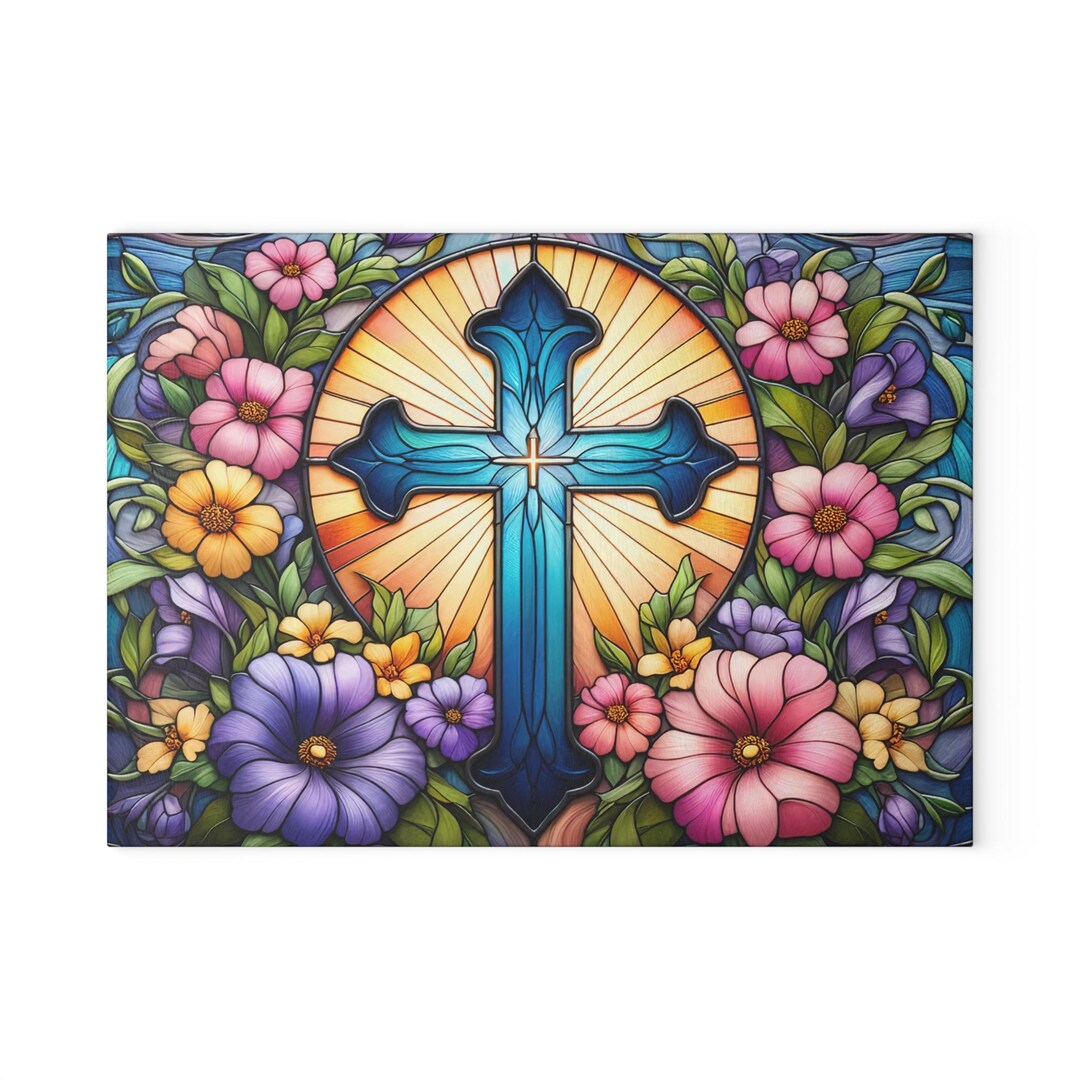 Stained Glass Cross Glass Cutting Board | Floral Christian Kitchen ...