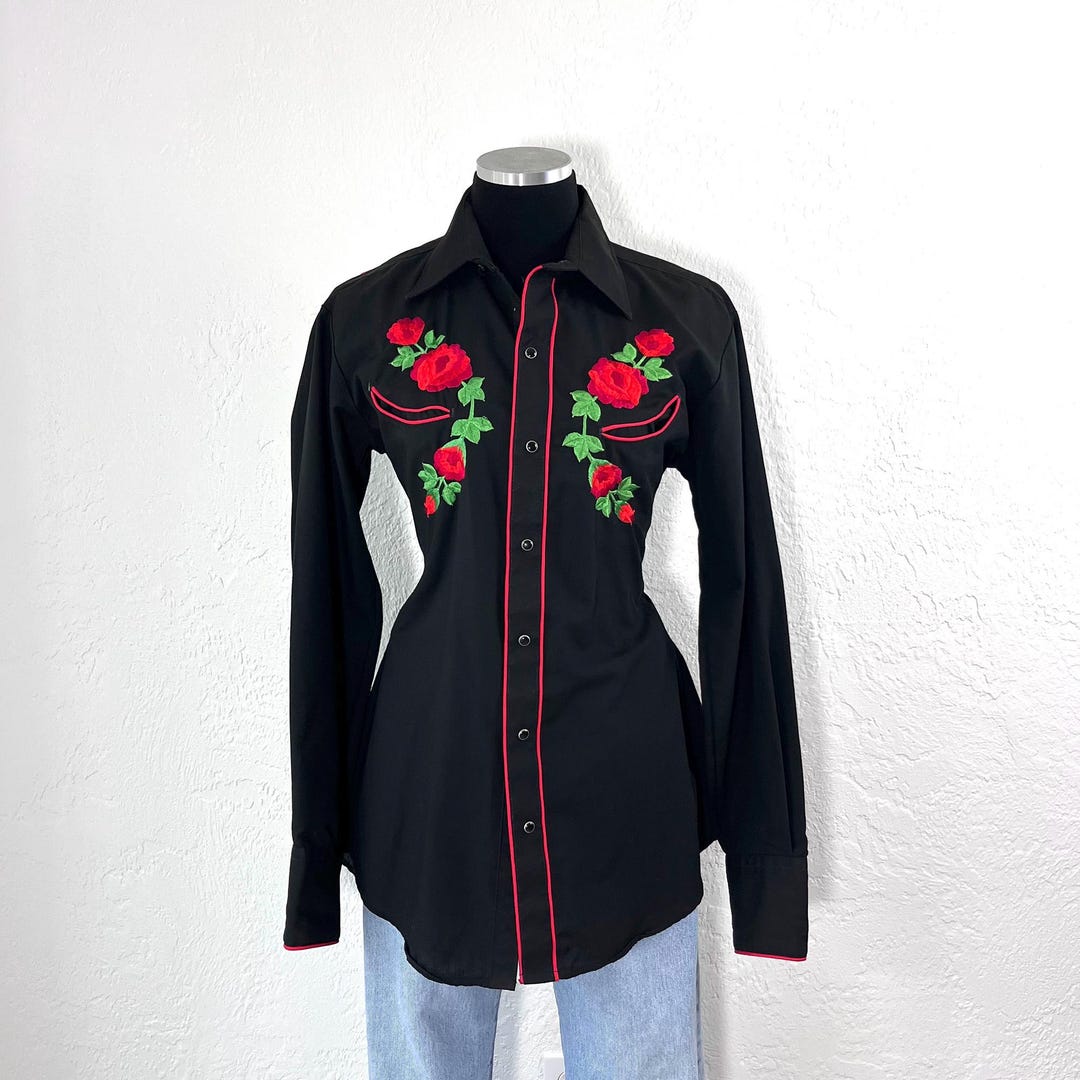 Vintage Black Red Roses Snap Western Shirt - Rodeo - Etsy
