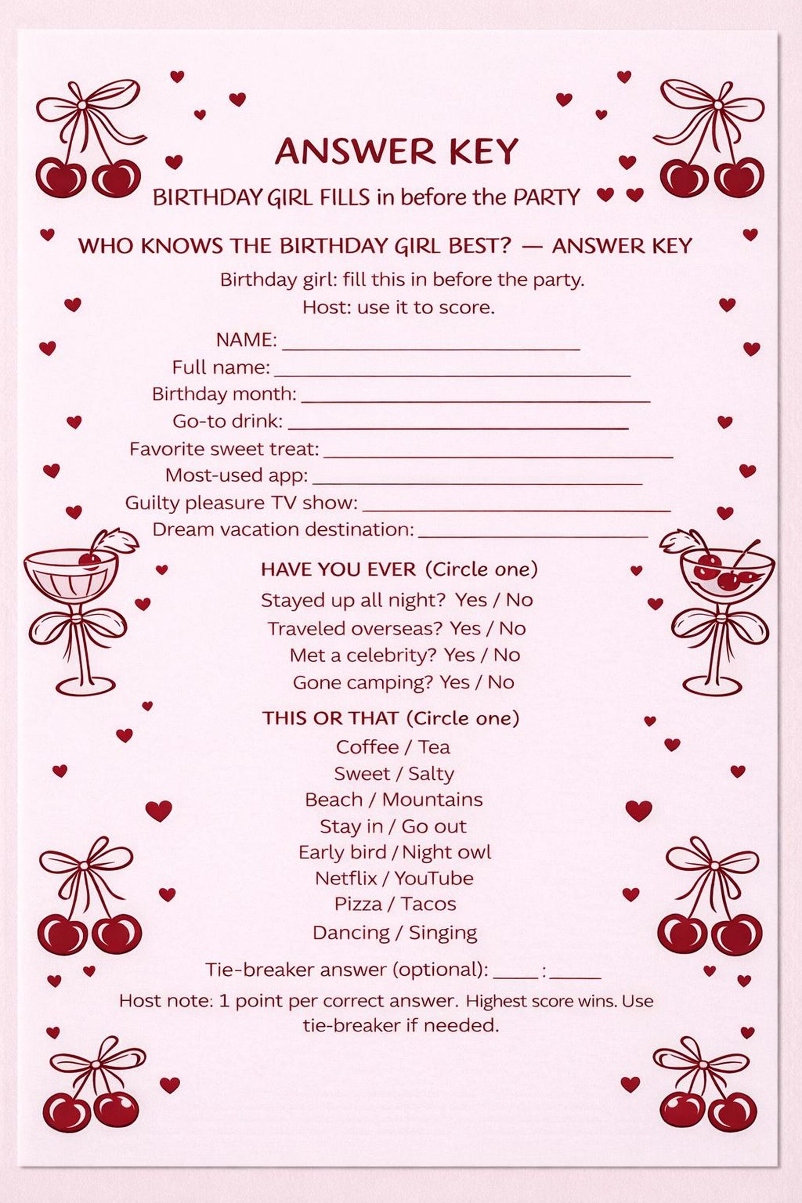 Who Knows the Birthday Girl Best Game, Cherry Birthday Party Game ...