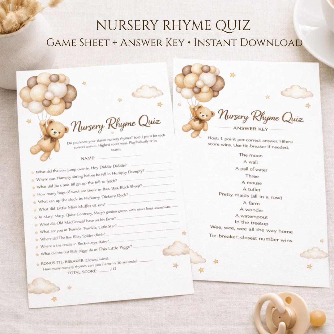 Nursery Rhyme Quiz Baby Shower Game, Printable Baby Shower Trivia ...