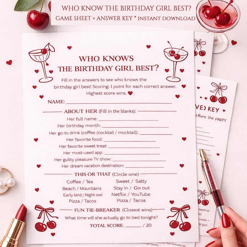 Who Knows the Birthday Girl Best Game, Cherry Birthday Party Game ...