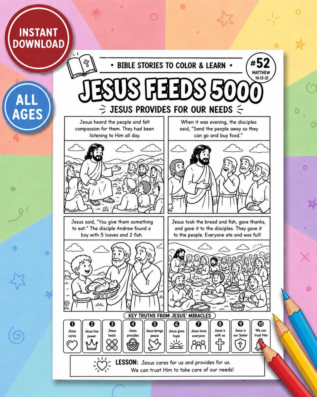 Jesus Feeds 5000 Coloring Page | Bible Story Printable | Christian Kids ...