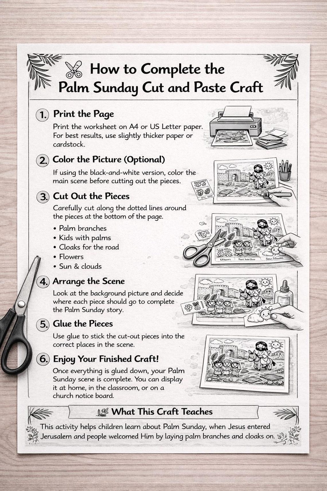 Palm Sunday Cut and Paste Craft + Coloring Page, Holy Week Activity for ...