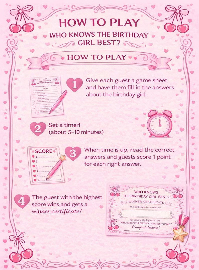 Who Knows the Birthday Girl Best Printable, Teen Girl Party Game Pink ...