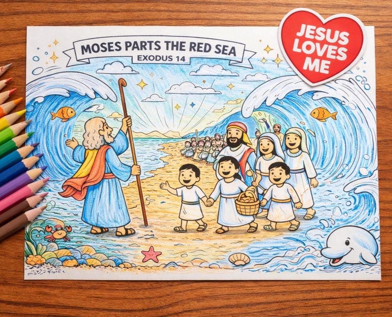 Moses Parts the Red Sea Coloring Page Printable, Exodus 14 Bible ...