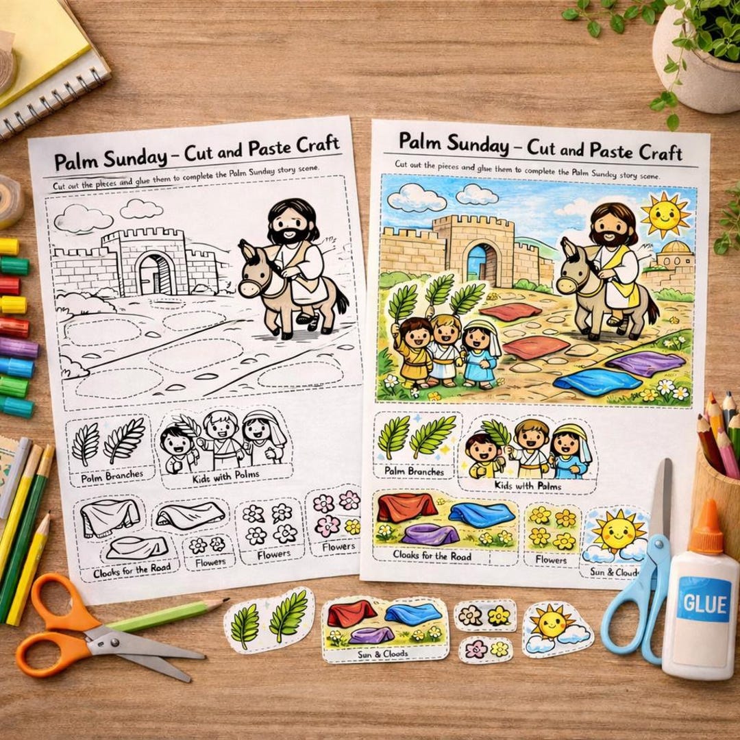Palm Sunday Cut and Paste Craft + Coloring Page, Holy Week Activity for ...