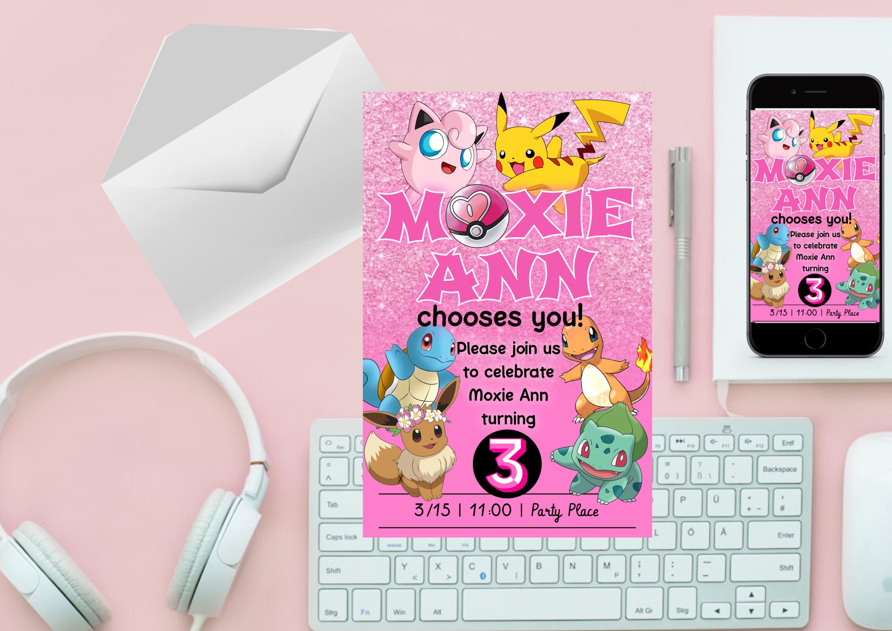 Customizable Pink Preppy Pokémon Invitation - Etsy