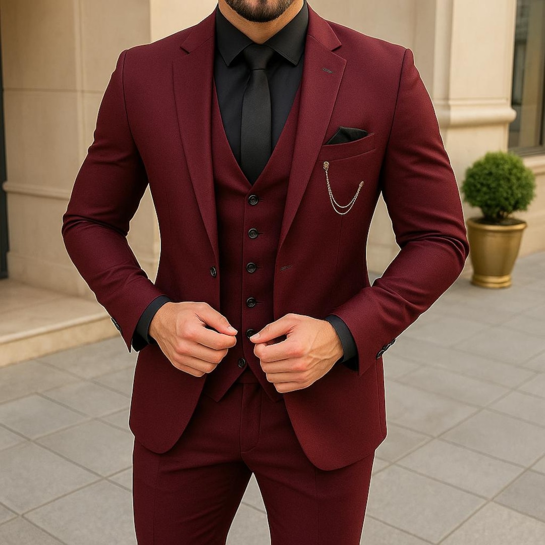 Classy Three Piece Burgundy Mens Suit for Wedding, Engagement, Prom ...