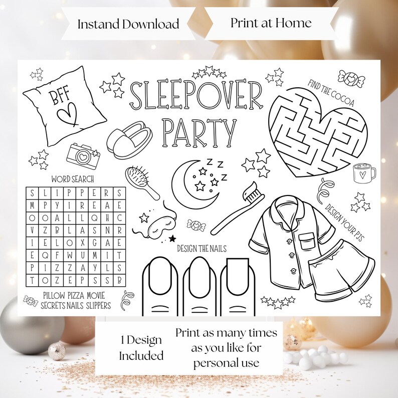 Sleepover Coloring Page: Printable Slumber Party Game (instant Download ...
