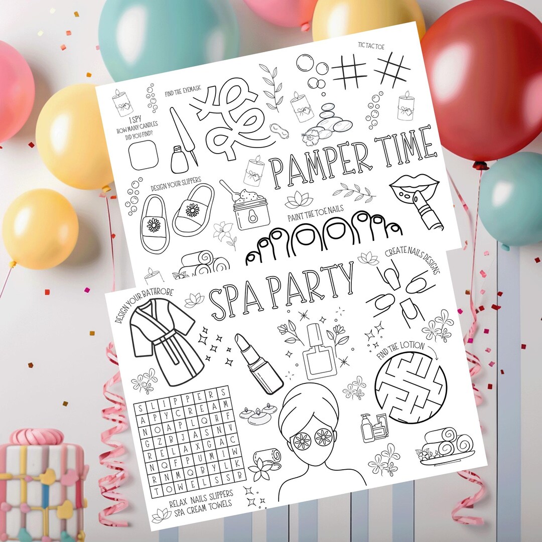 Spa Party Activity Placemat: Printable Coloring Pages (US Letter & A4 ...