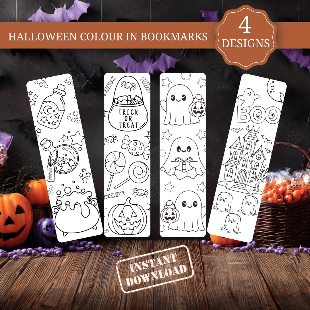Halloween Coloring Bookmarks: Spooky Designs, Printable PDF (4 Designs ...