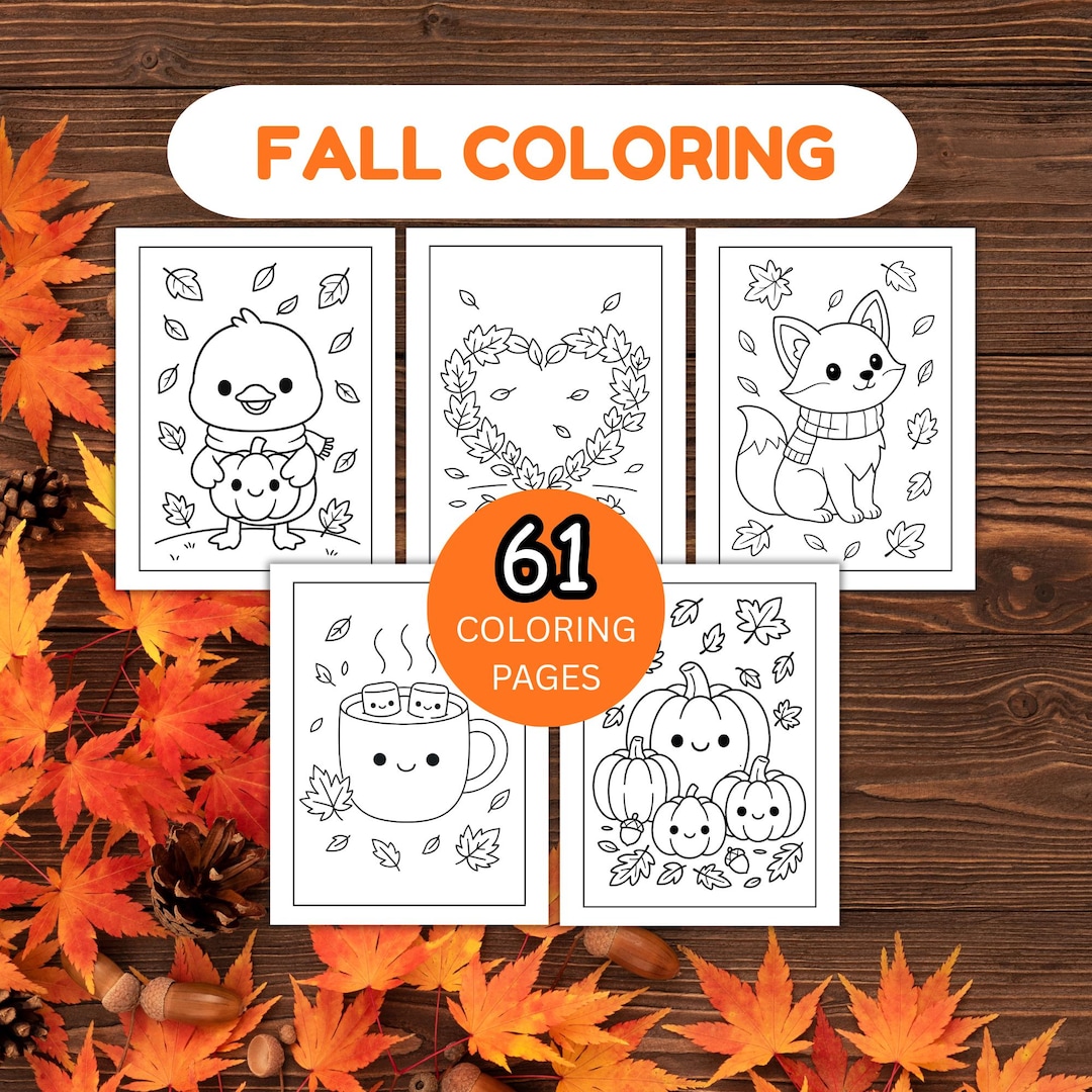 61 Fall Coloring Pages for Kids, Kawaii Autumn Activity (digital ...