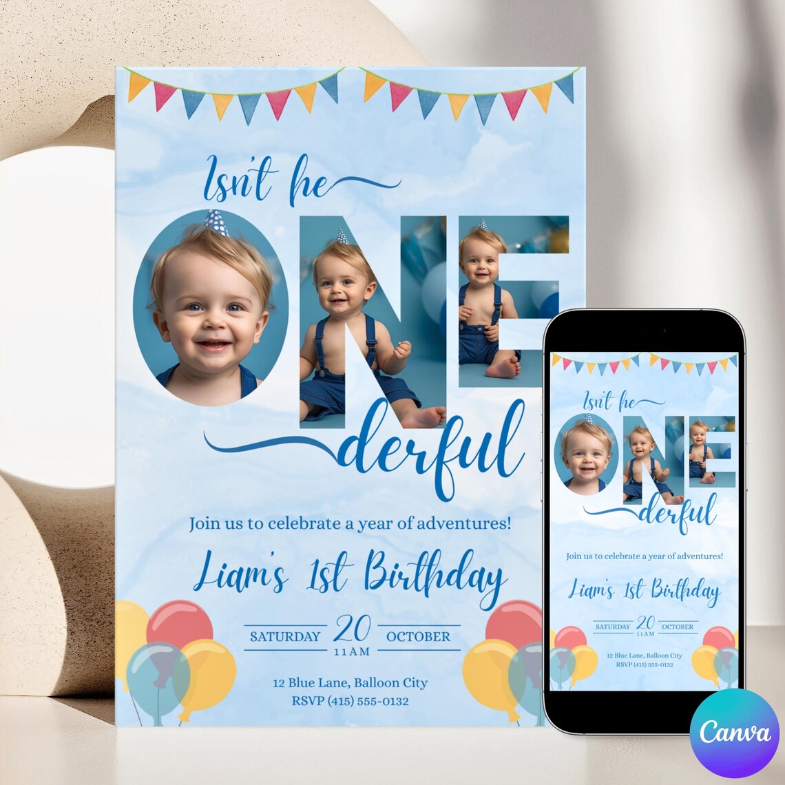 Boy 1st Birthday Invitation Editable Canva Kids First Birthday Party ...