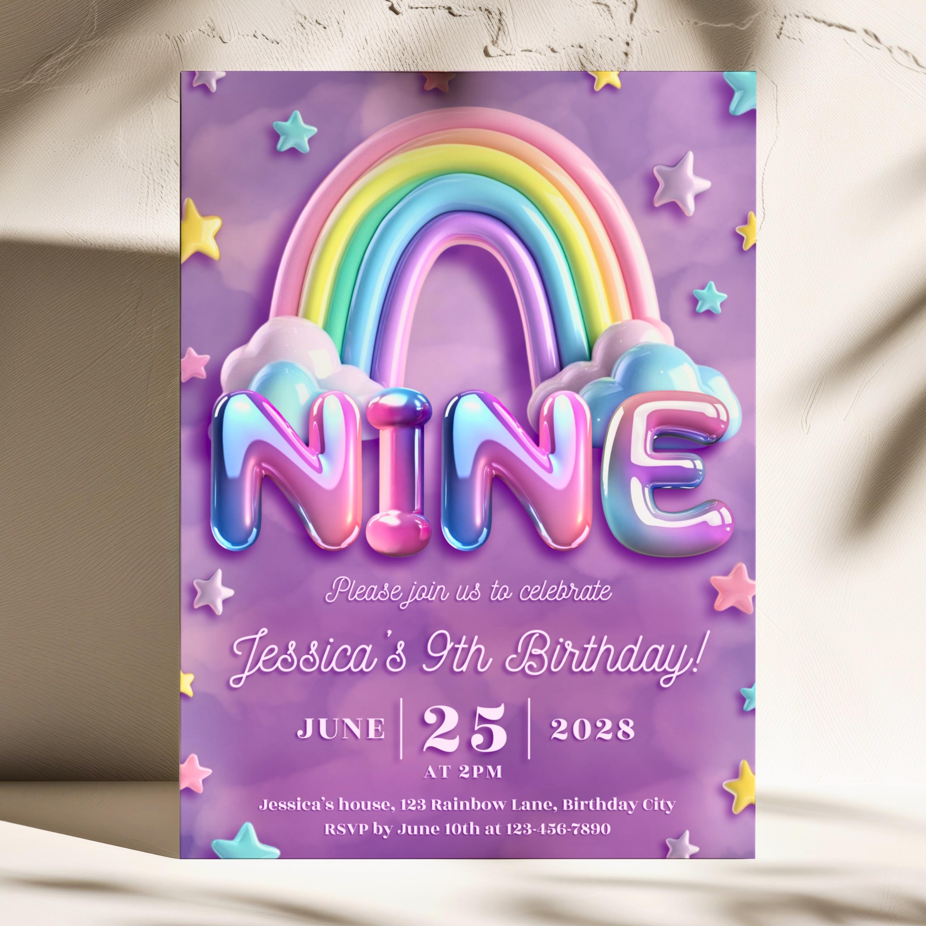 Rainbow 9th Birthday Party Invitation Girl Nine Pastel Canva Template ...