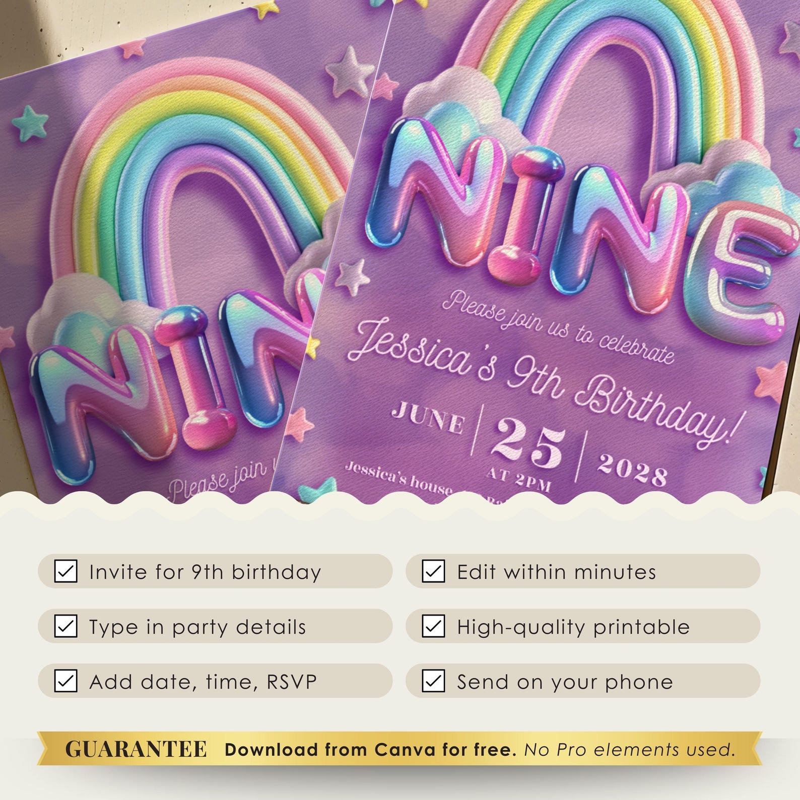 Rainbow 9th Birthday Party Invitation Girl Nine Pastel Canva Template ...