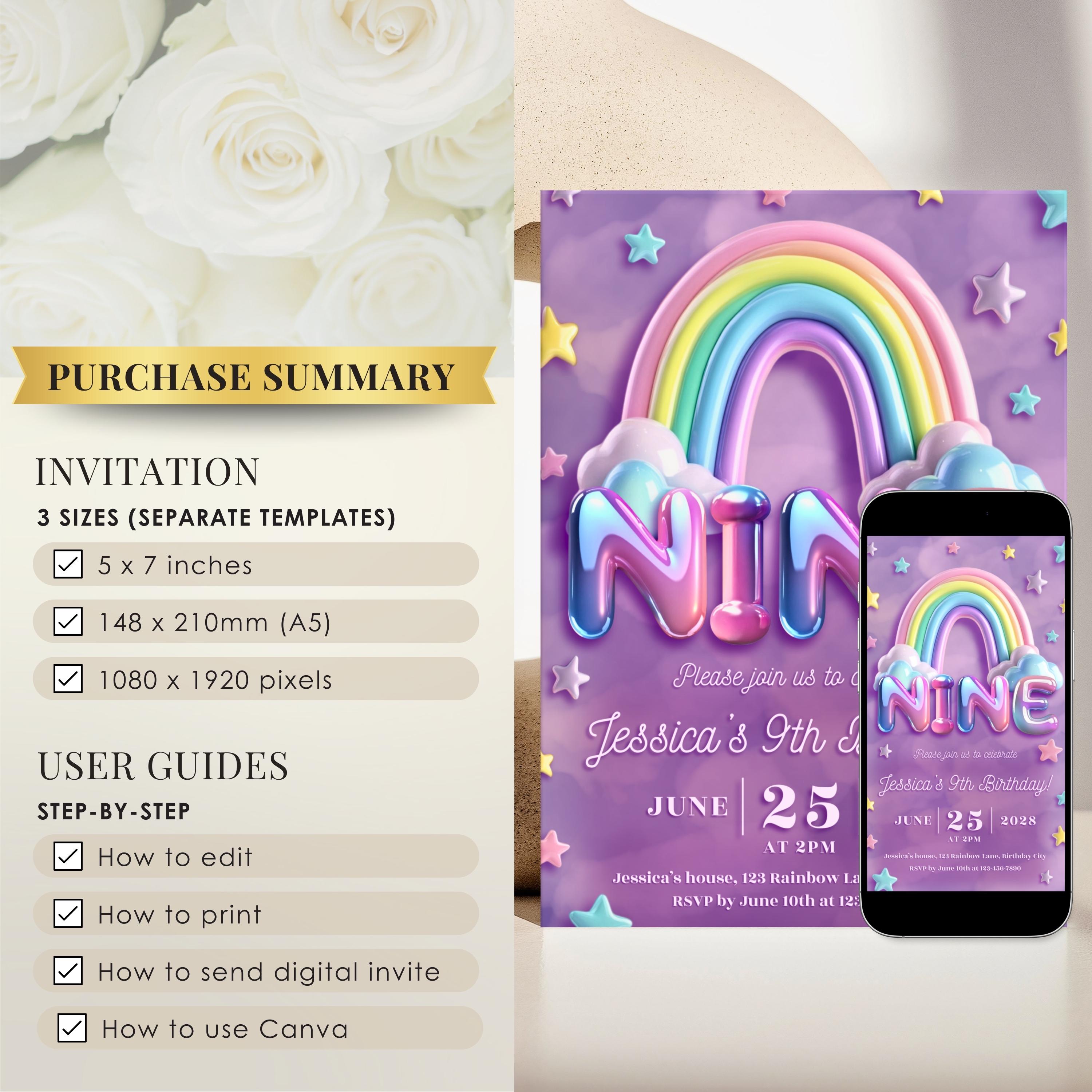 Rainbow 9th Birthday Party Invitation Girl Nine Pastel Canva Template ...