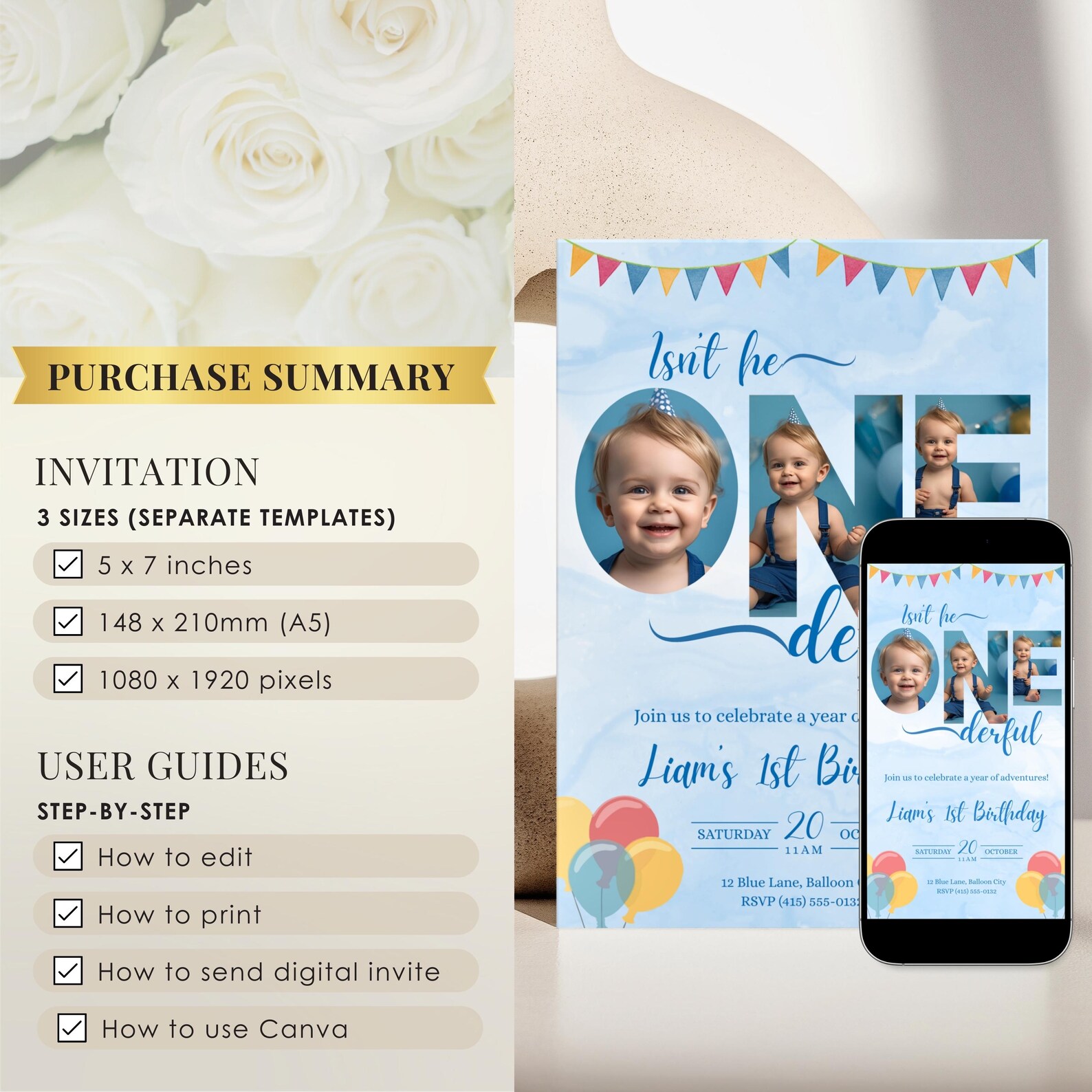 Boy 1st Birthday Invitation Editable Canva Kids First Birthday Party ...