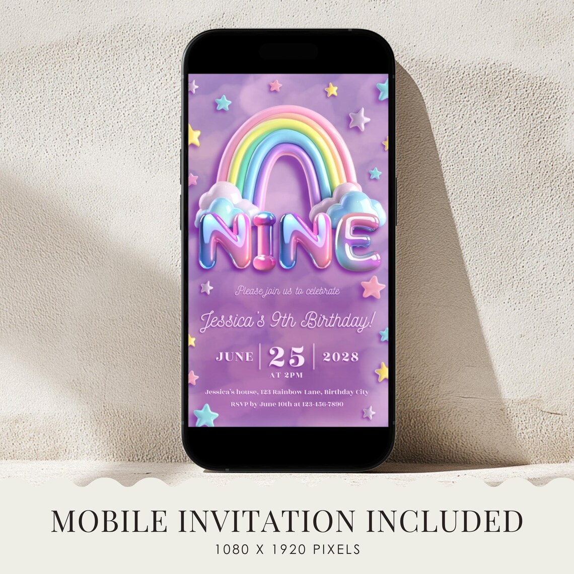 Rainbow 9th Birthday Party Invitation Girl Nine Pastel Canva Template ...