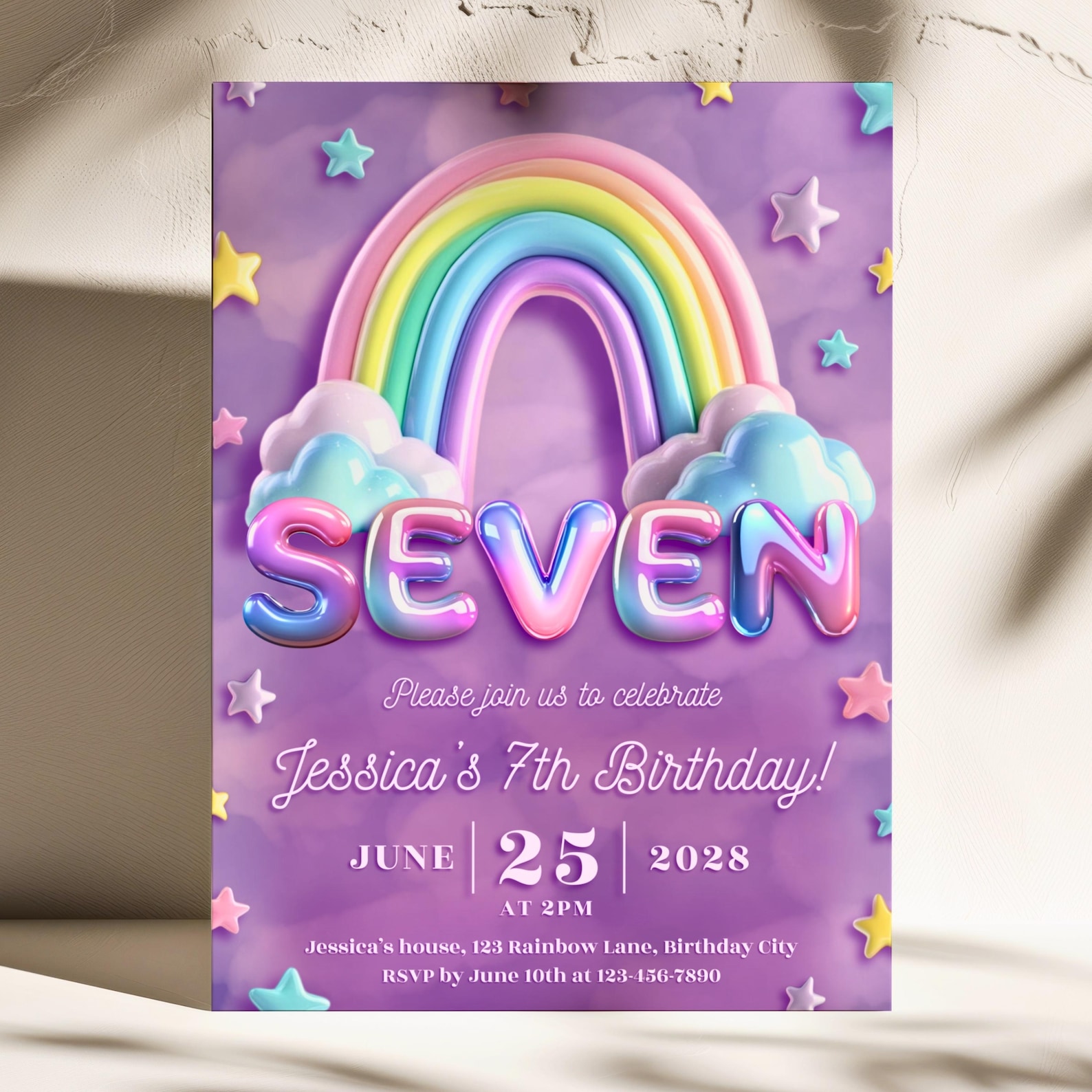 Rainbow 7th Birthday Party Invitation Girl Seven Pastel Canva Template ...
