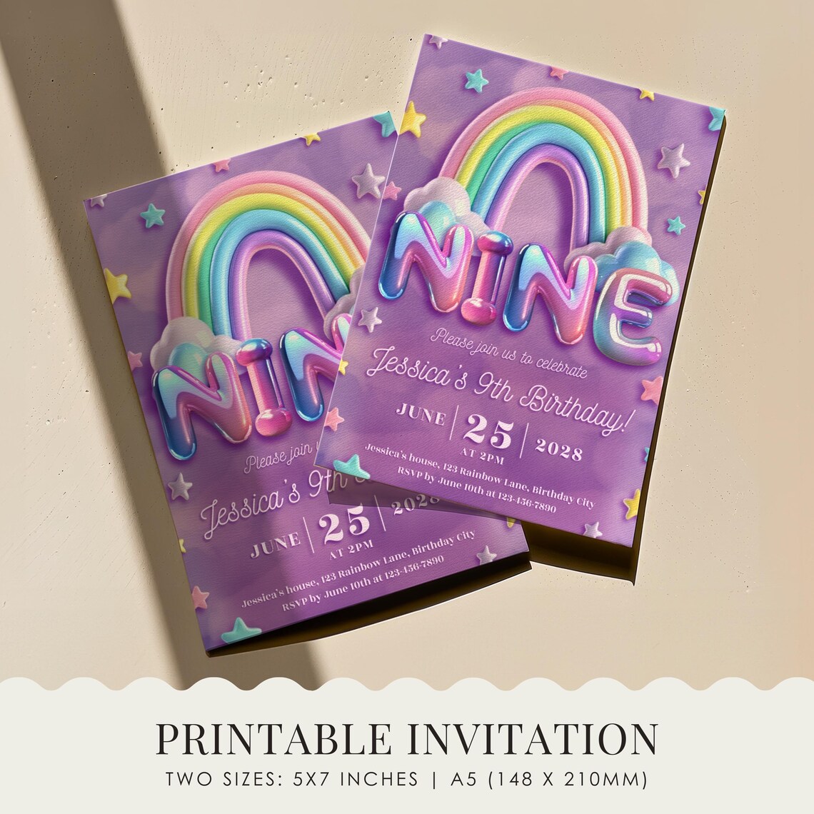 Rainbow 9th Birthday Party Invitation Girl Nine Pastel Canva Template ...