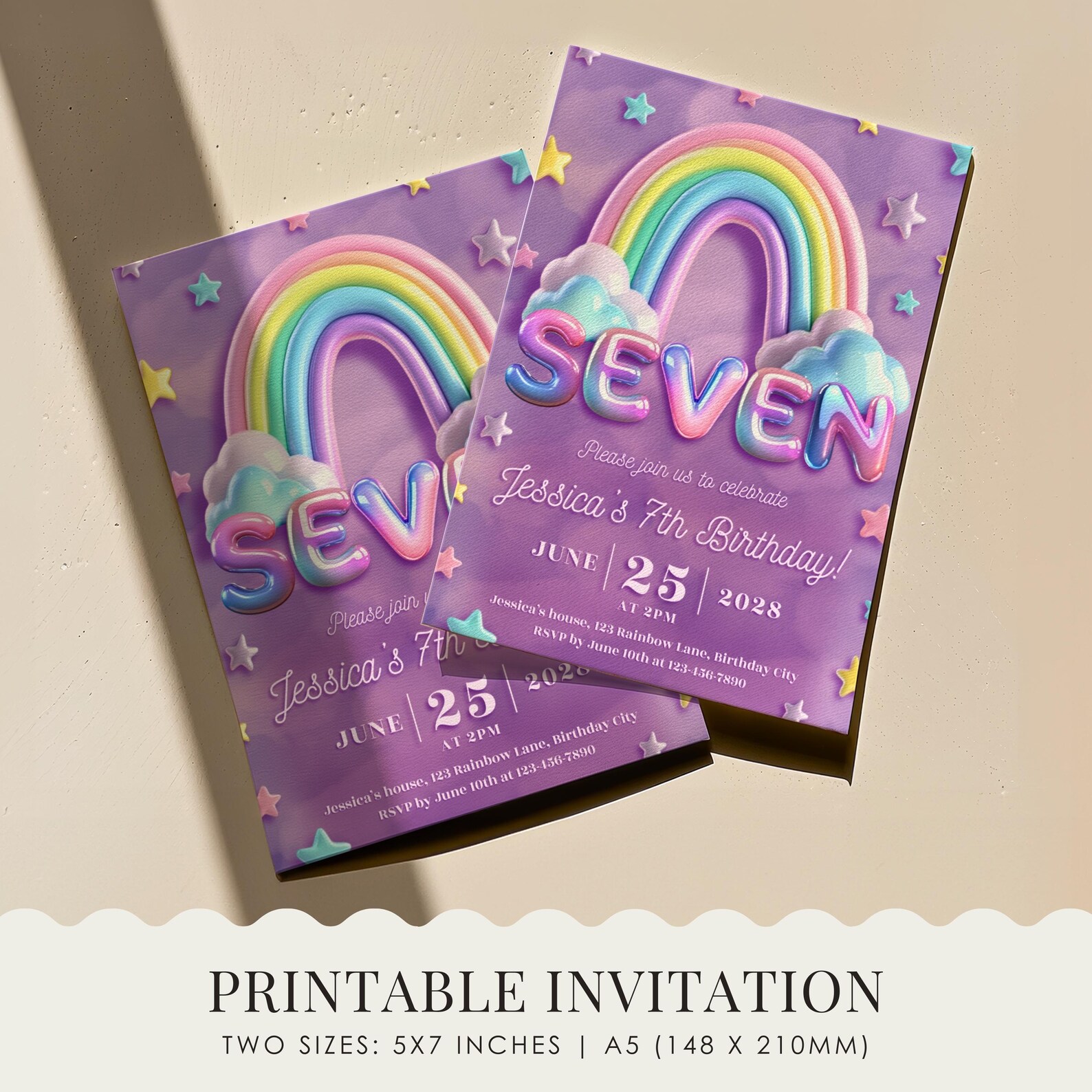 Rainbow 7th Birthday Party Invitation Girl Seven Pastel Canva Template ...