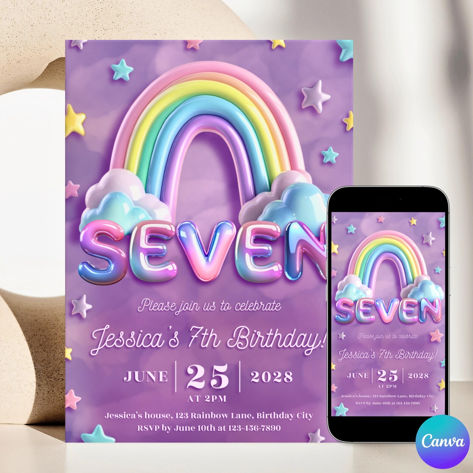 Rainbow 7th Birthday Party Invitation Girl Seven Pastel Canva Template ...