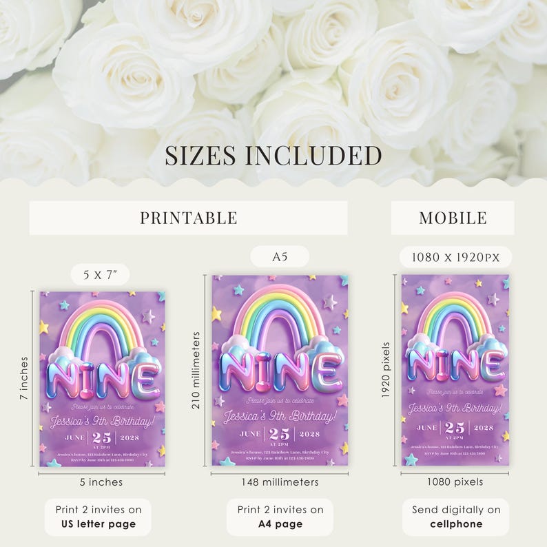 Rainbow 9th Birthday Party Invitation Girl Nine Pastel Canva Template ...